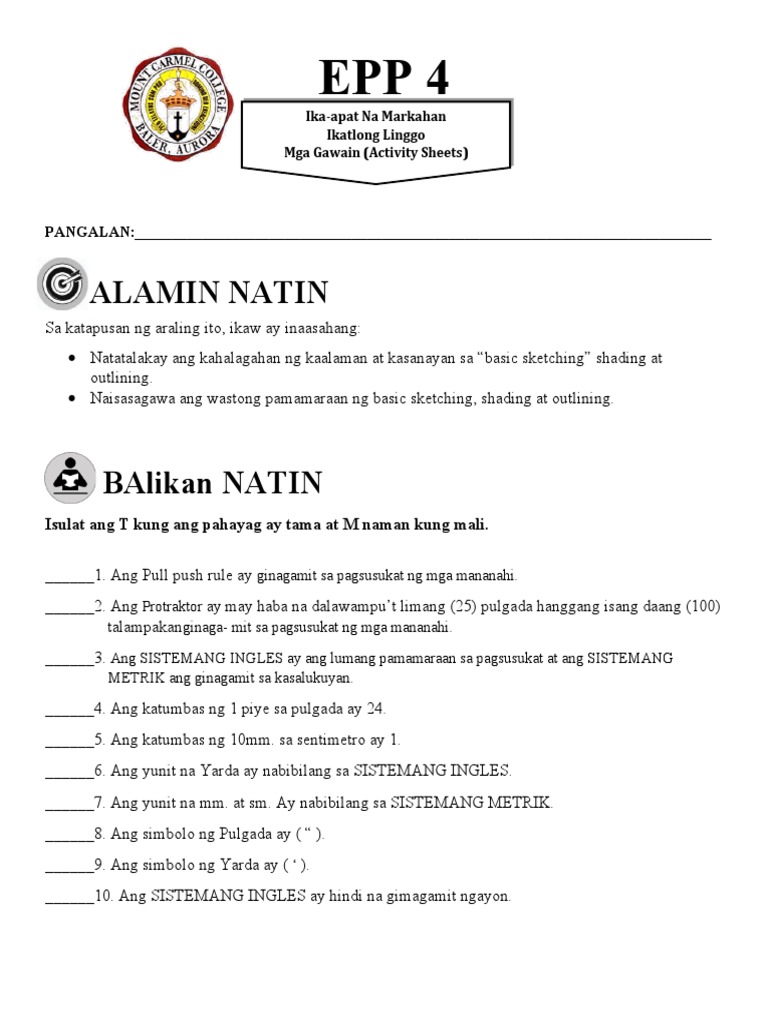 EPP4 - Modyul (Basic Sketching, Shading at Outlining) | PDF
