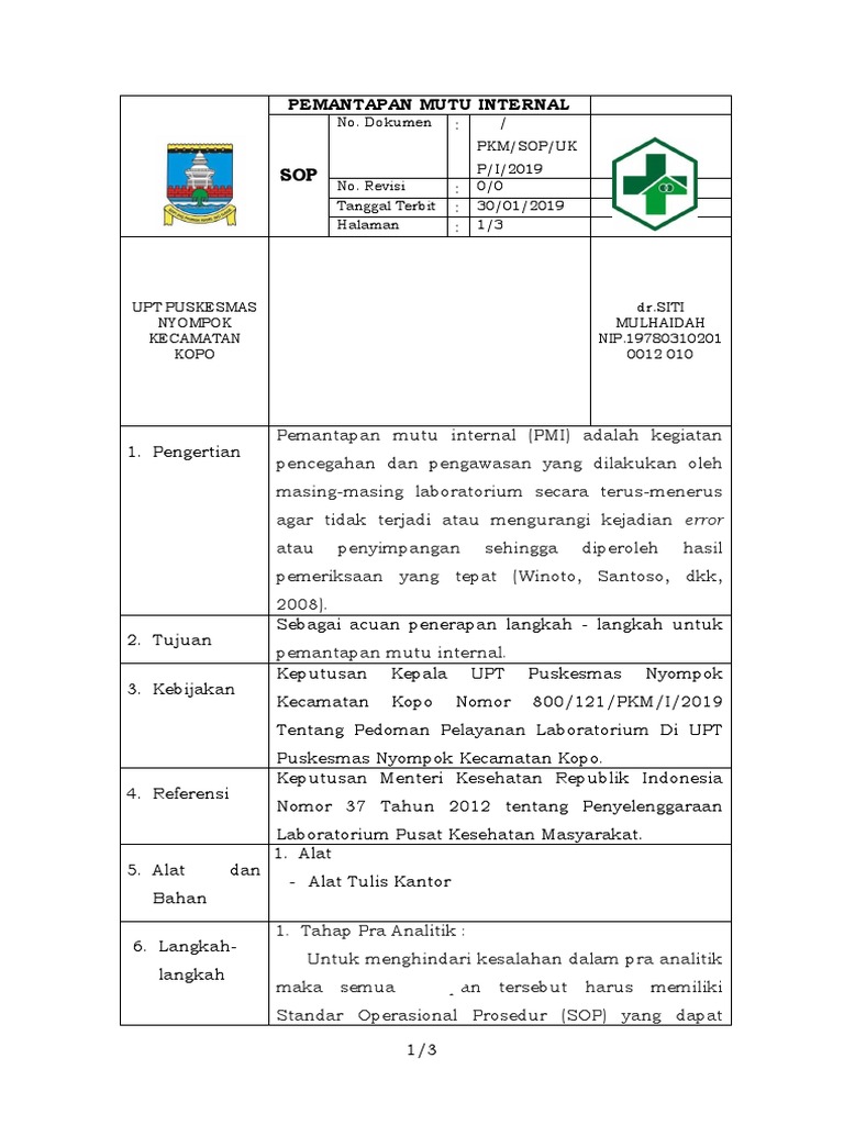 SOP Pemantapan Mutu Internal Laboratorium | PDF