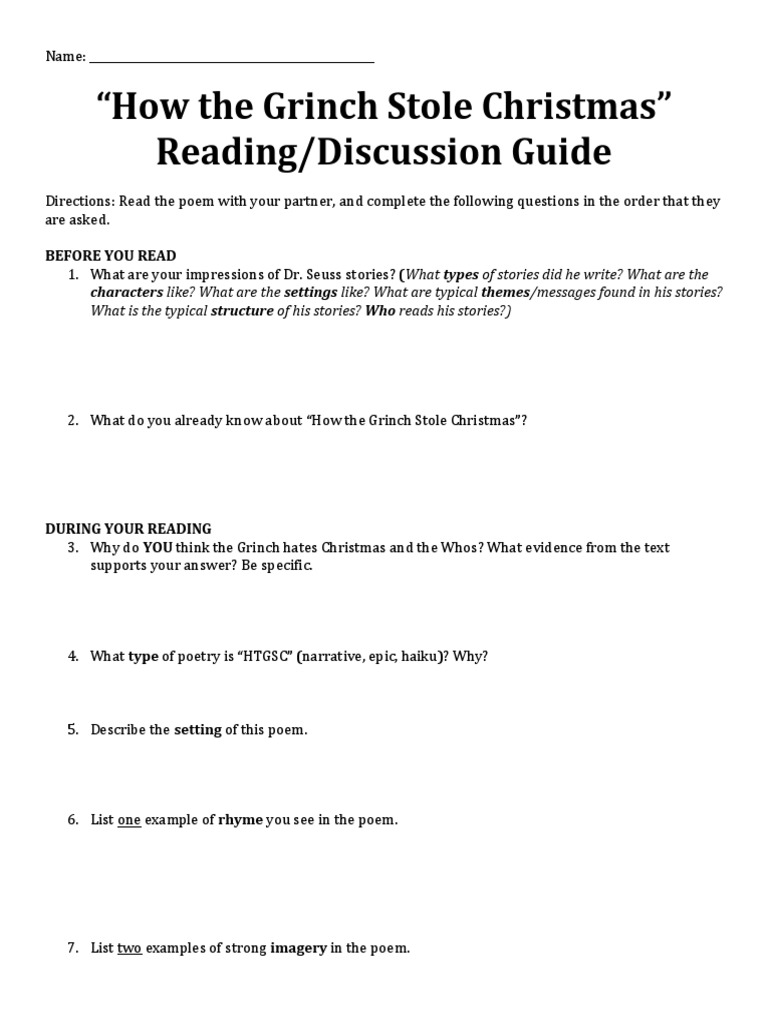 "How The Grinch Stole Christmas" Reading/Discussion Guide | PDF ...