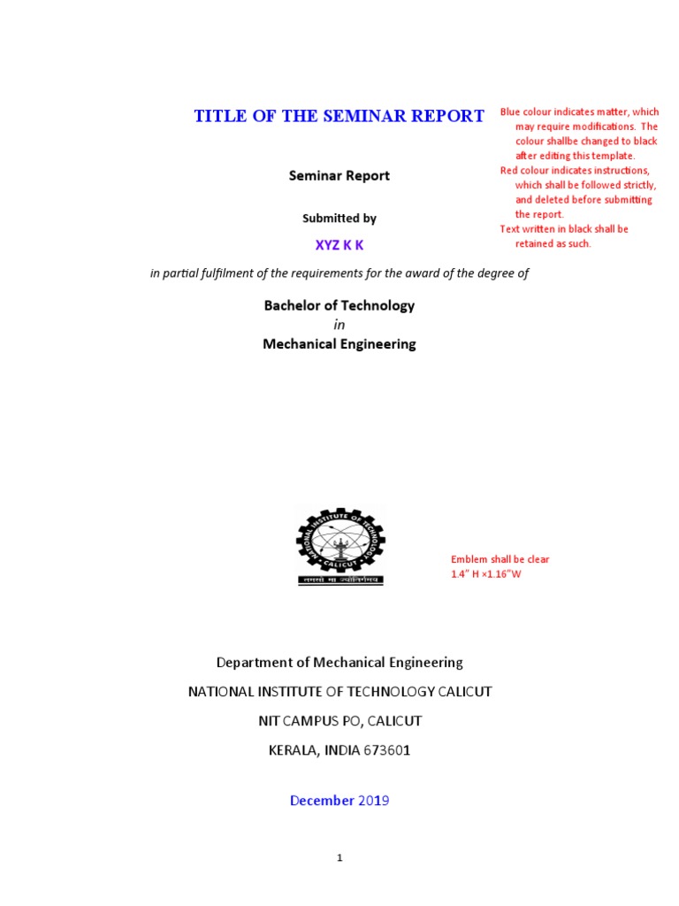 B.Tech Seminar Report Template | PDF | Times New Roman | Thesis