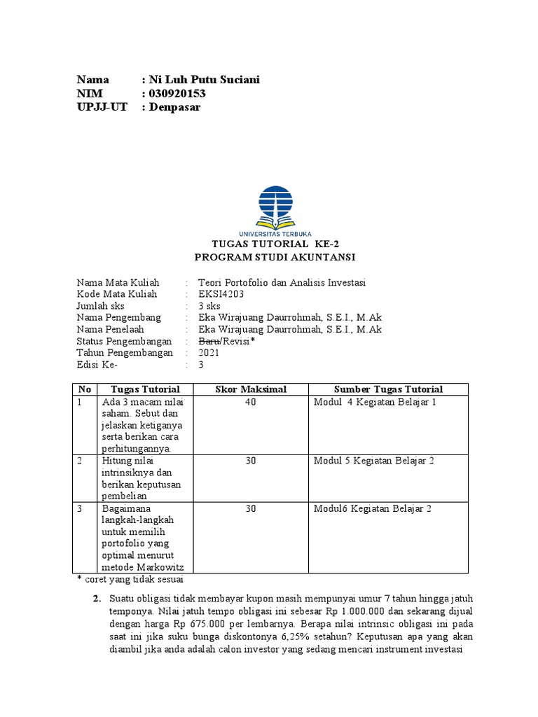 Tugas 2 Teori Portofolio Dan Investasi - 030920153 Ni Luh Putu Suciani | PDF