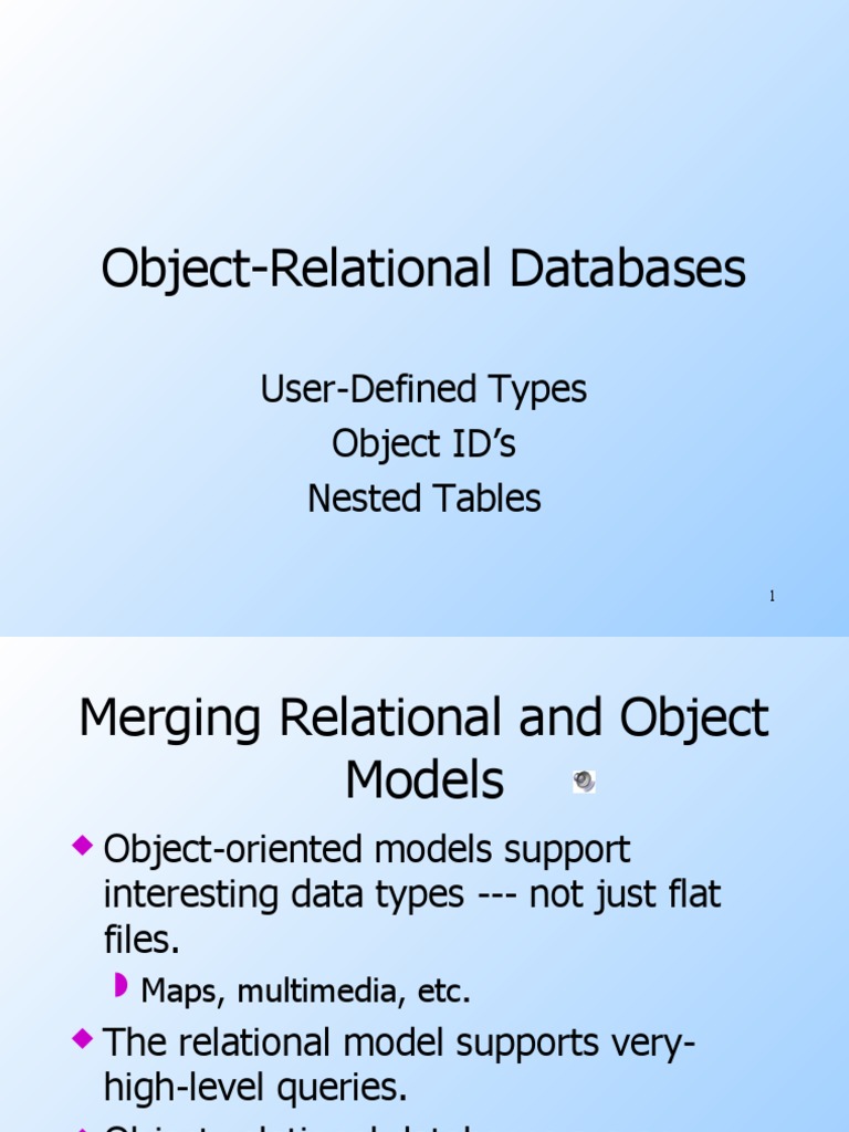 Object-Relational Databases: User-Defined Types Object ID's Nested ...