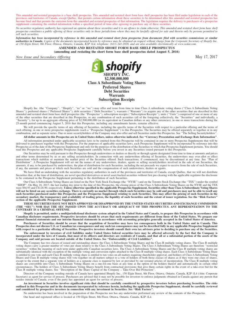 Shopify Securities Offering | PDF | Prospectus (Finance) | Securities ...