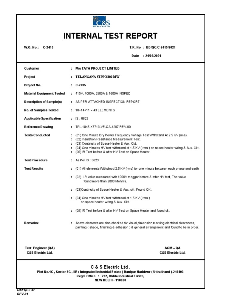 Internal Test Report: C & S Electric LTD | PDF | Root Mean Square ...
