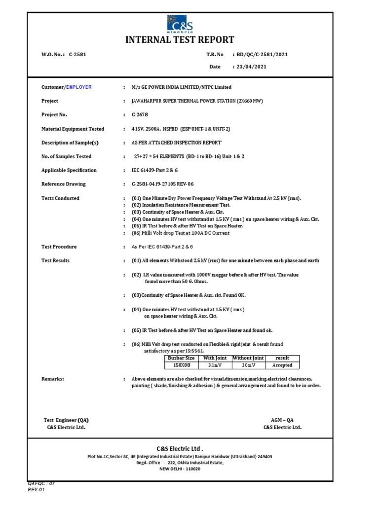 Internal Test Report: M/S Ge Power India Limited/Ntpc Limited | PDF ...