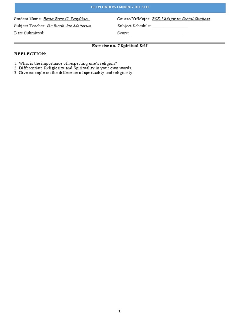 Exercise No. 7 Spiritual Self Reflection | PDF | Goal | Metacognition