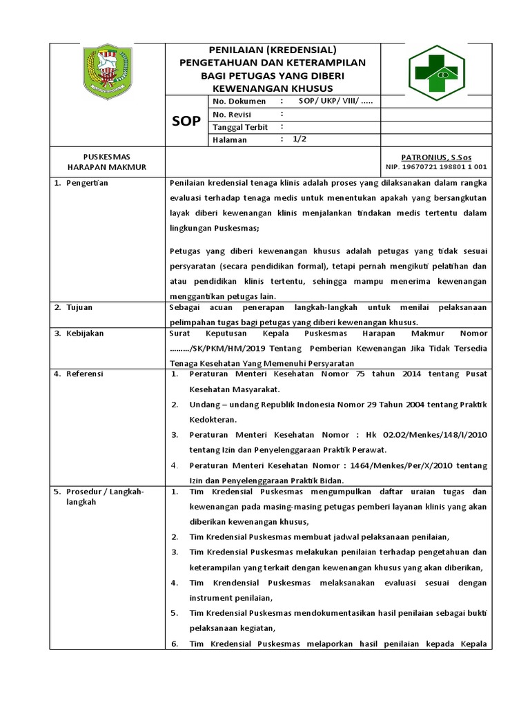 8.7.4.3 Sop Penilaian (Kredensial) Pengetahuan Dan Keterampilan Bagi Petugas Yang Diberi ...