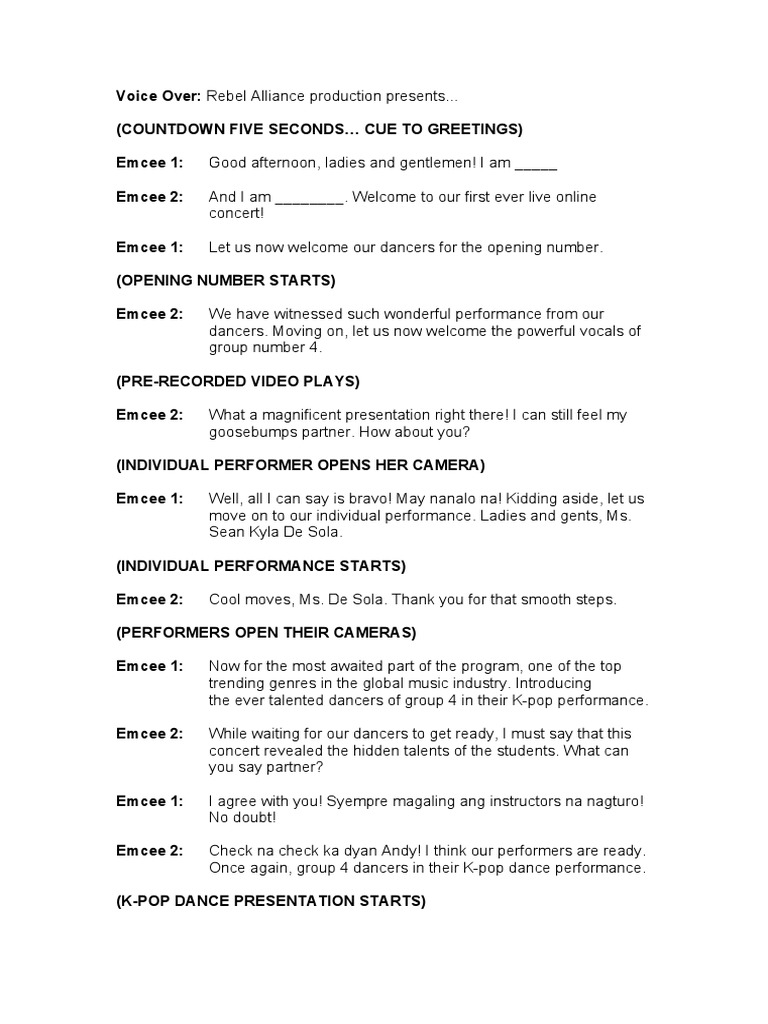 Live Concert PE Emcee Script | PDF | Popular Music | Mass Media