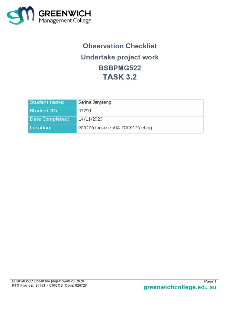 Observation Checklist Task 3.2 - BSBPMG522 | PDF | Project Management ...