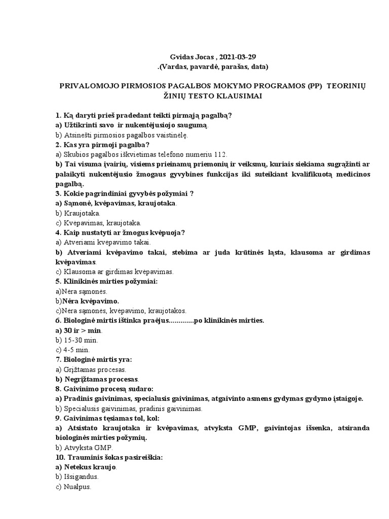 Pirmosios Pagalbos Testas | PDF