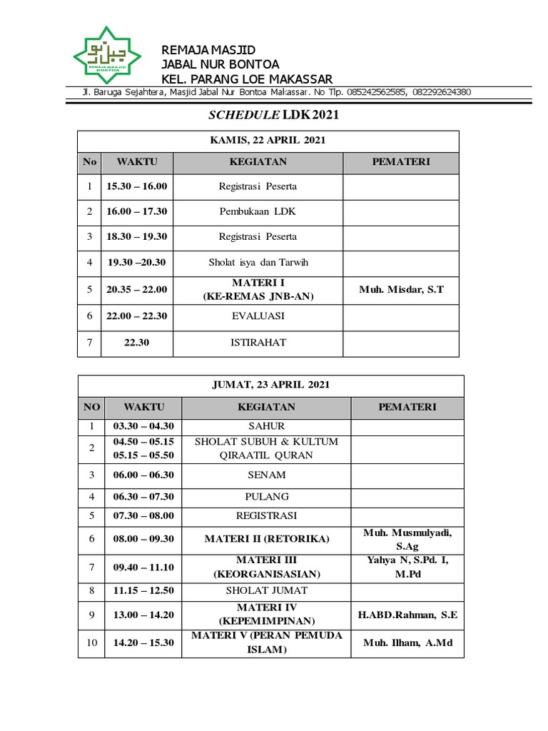 Schedule Peserta LDK 2021 | PDF