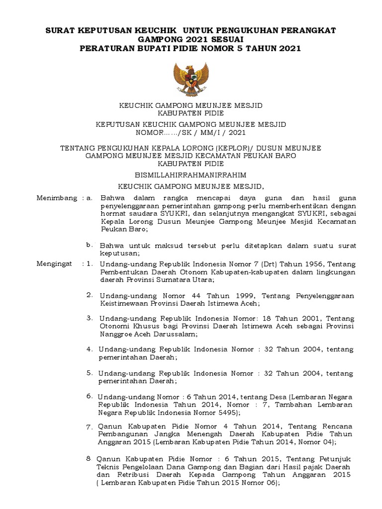 Contoh SK Keuchik Perangkat | PDF