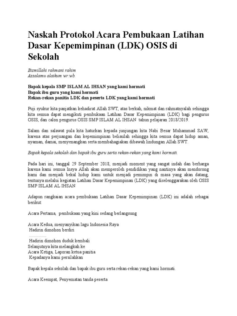 Naskah Protokol Acara Pembukaan Latihan Dasar Kepemimpinan | PDF ...