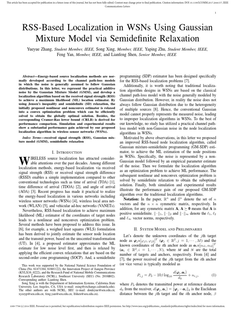 Rss Based Localization In Wsns Using Gaussian Mixture Model Via Semidefinite Relaxation Pdf