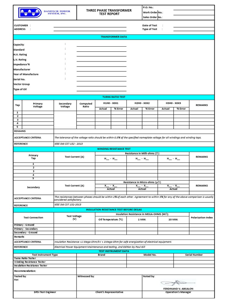 Blant Test Report - 3 Phase Transformer | PDF | Transformer ...