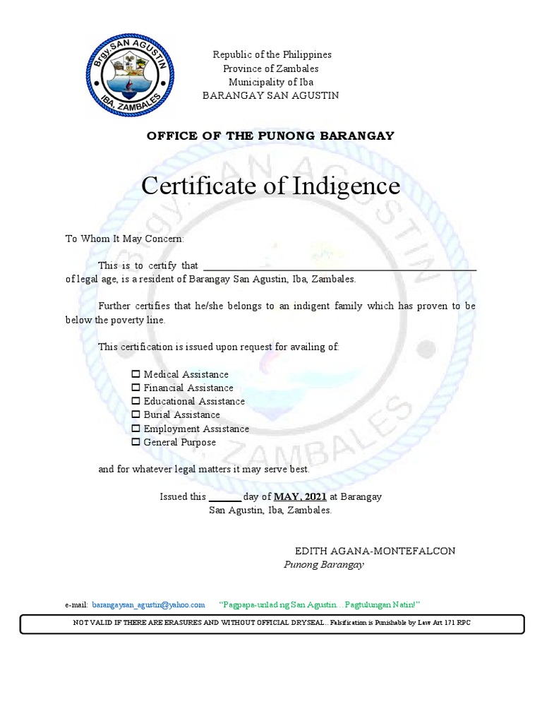 Certificate of Indigence: Office of The Punong Barangay | PDF