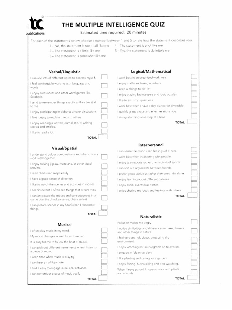 Multiple Intelligence Quiz | PDF