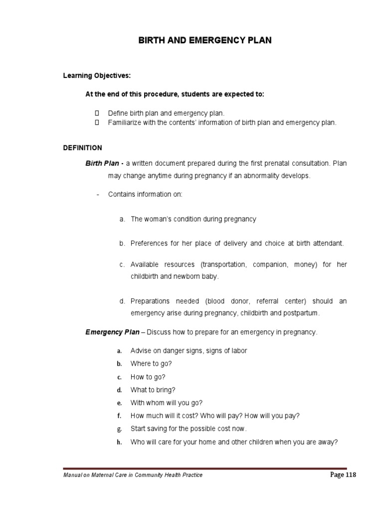 Birth and Emergency Plan | PDF | Childbirth | Pregnancy