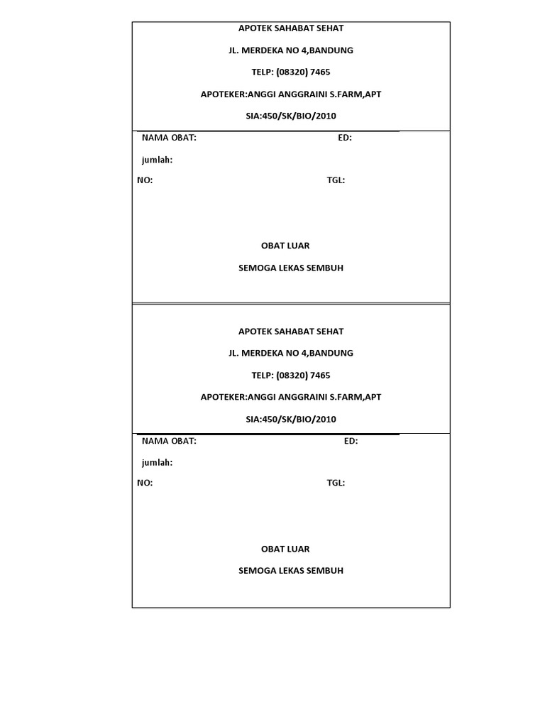 Contoh Etiket Obat Apotek Sehat | PDF