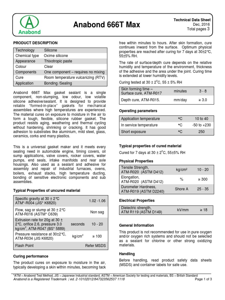Technical Data Sheet for Anabond 666T Max Silicone Sealant | PDF ...