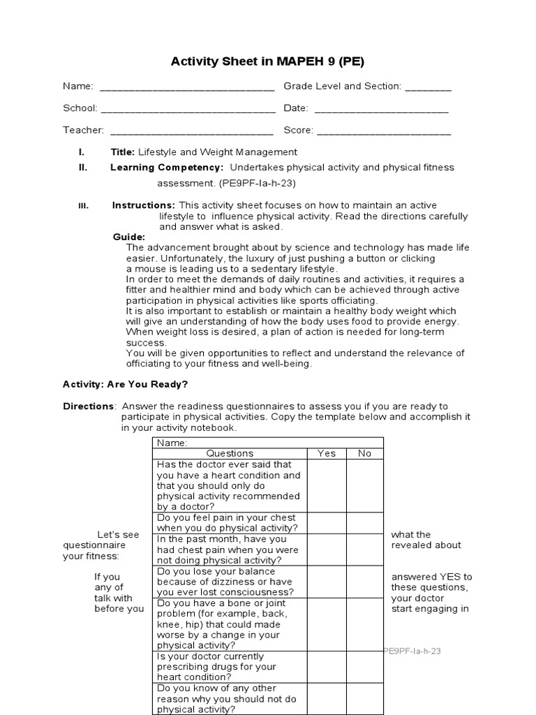 Grade 9 MAPEH PE Activity Sheet | PDF | Calorie | Food And Drink