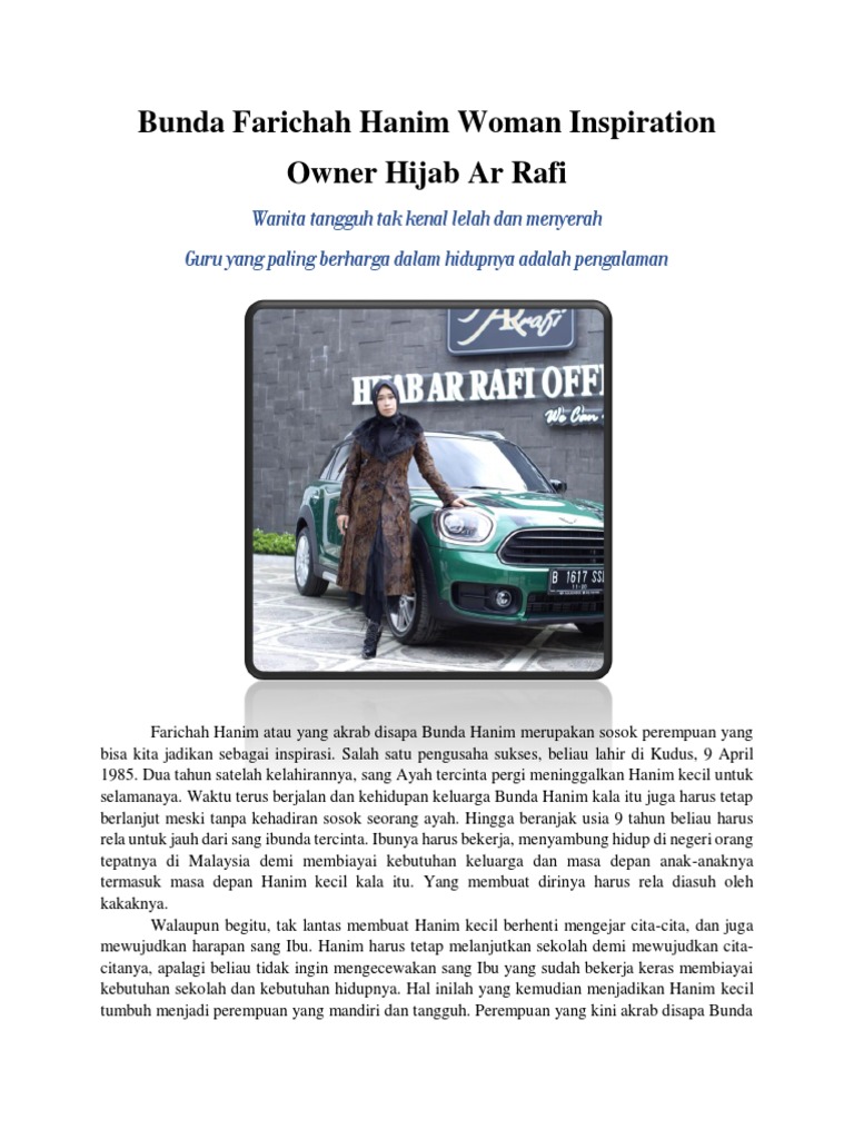 Bunda Farichah Hanim Woman Inspiration Owner Hijab Ar Rafi | PDF