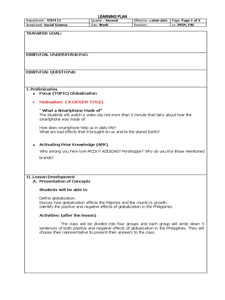 Transfer Goal:: Learning Plan | PDF | Globalization | Science
