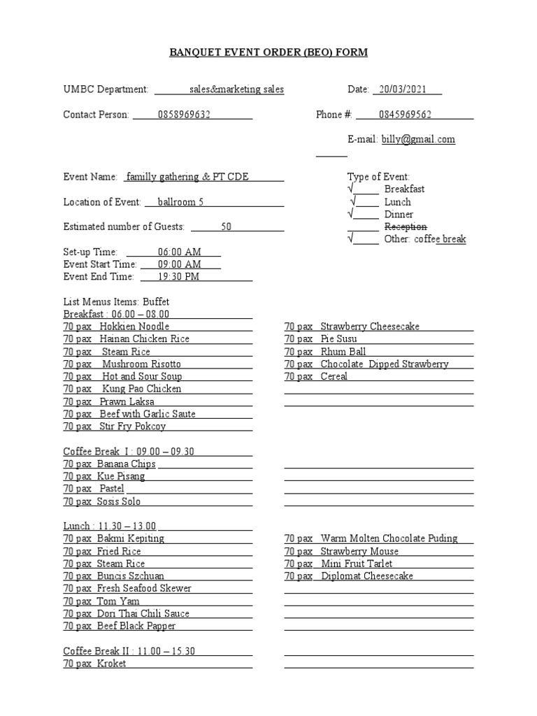 Banquet Event Order (Beo) Form | PDF | Asian Cuisine | Regional ...