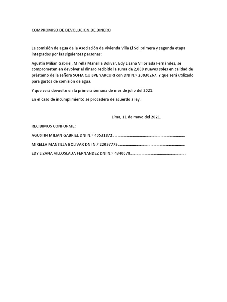 Compromiso de Devolucion de Dinero | PDF