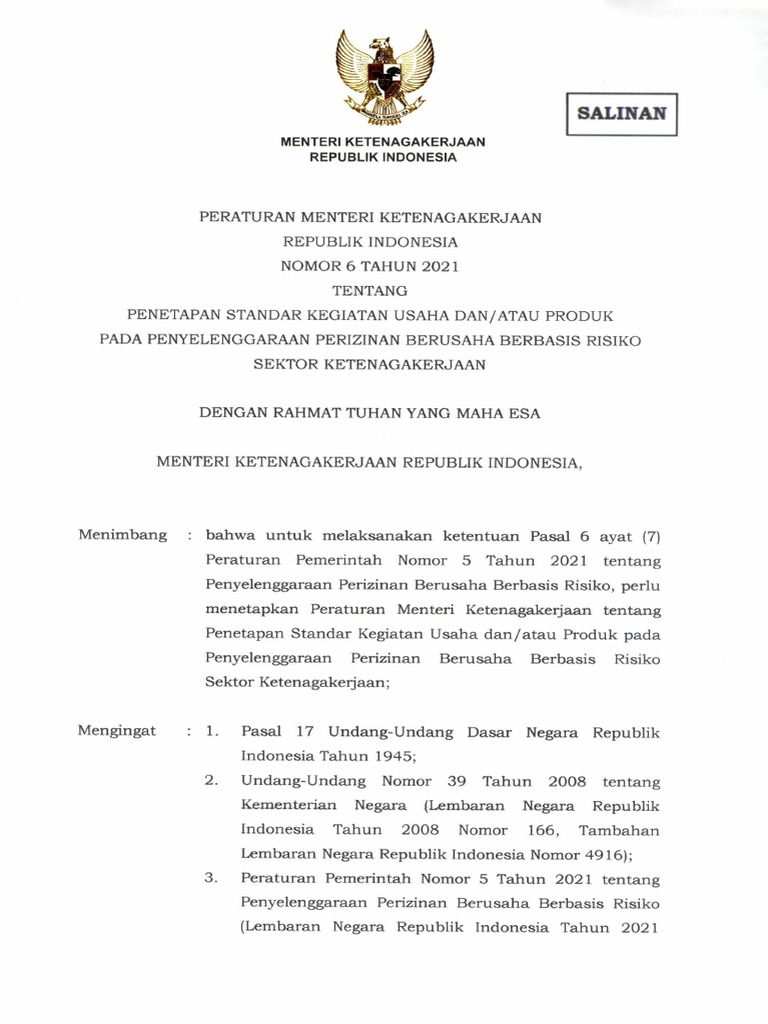 Permenkaer 6 TH 2021 TTG Izin Usaha Berbasis Risiko Sektor ...