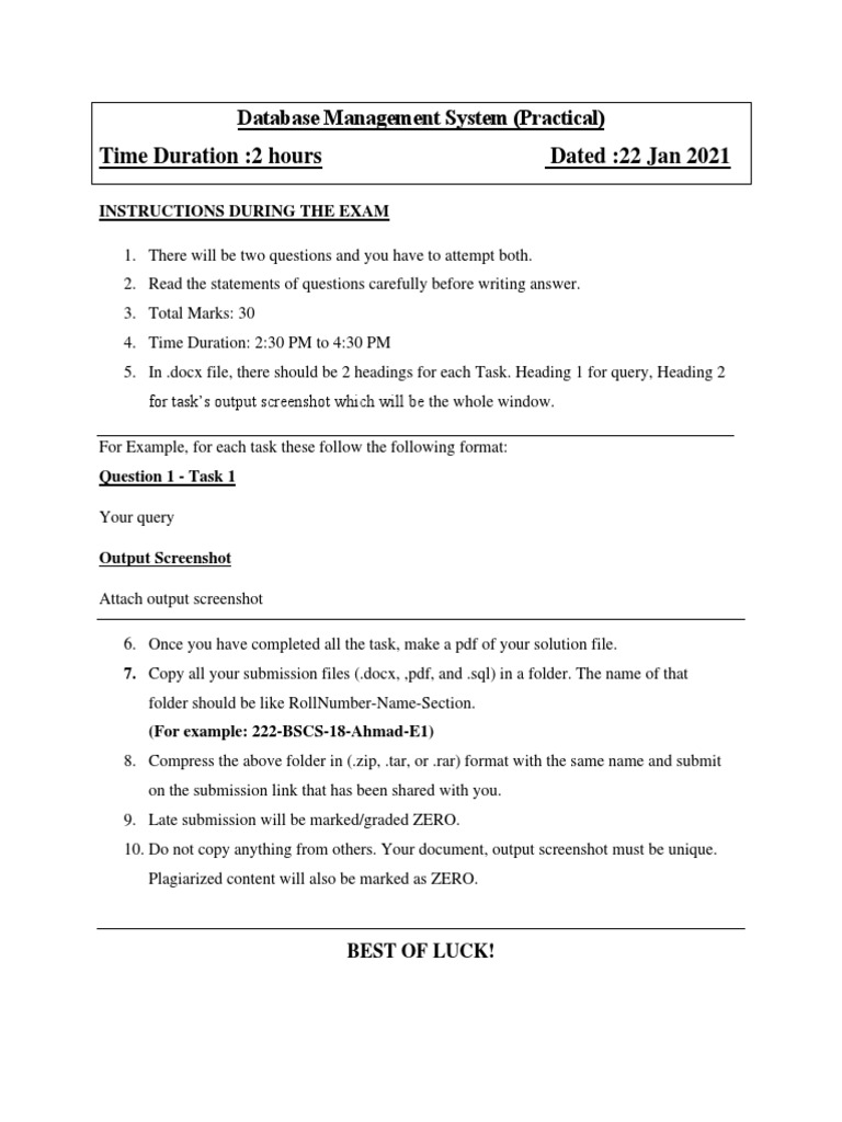 DBMS Lab Final Exam | PDF | Relational Database | Databases