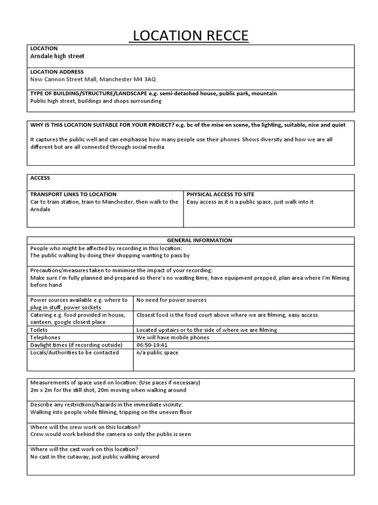 Documentary - Location Recce | PDF | Lighting | Risk Assessment