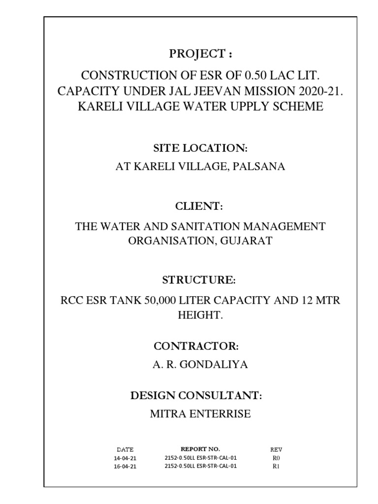 RCC ESR Tank Design for Kareli Village | PDF | Reinforced Concrete ...