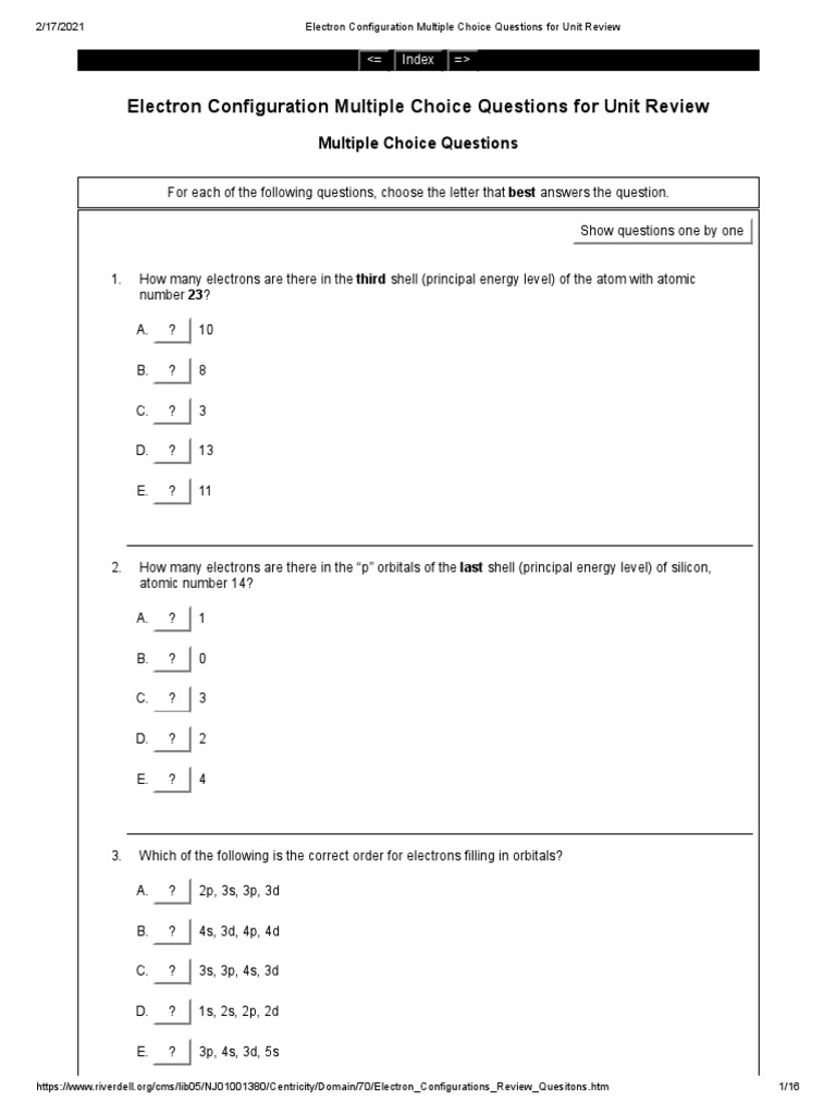 Electron Configuration Multiple Choice Questions For Unit Review | PDF ...