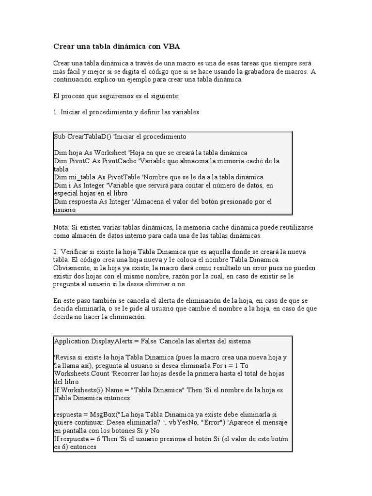 Crear Una Tabla Dinámica Con VBA | PDF | Macro (informática) | Almacenamiento de datos de la ...
