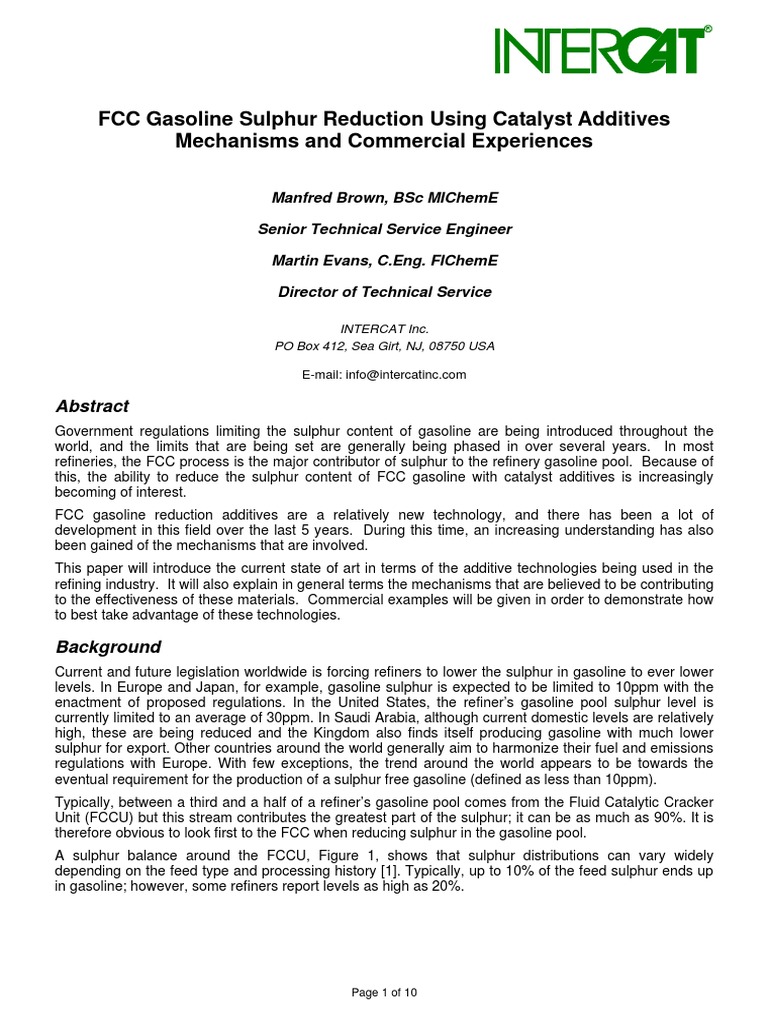 INTER CAT FCC Gasoline Sulphur Reduction Using Catalyst Additives ...