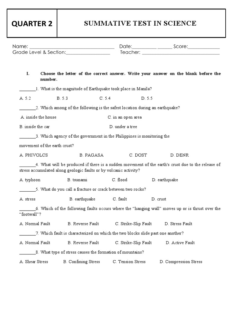 Quarter 2: Summative Test in Science | PDF | Fault (Geology) | Earthquakes