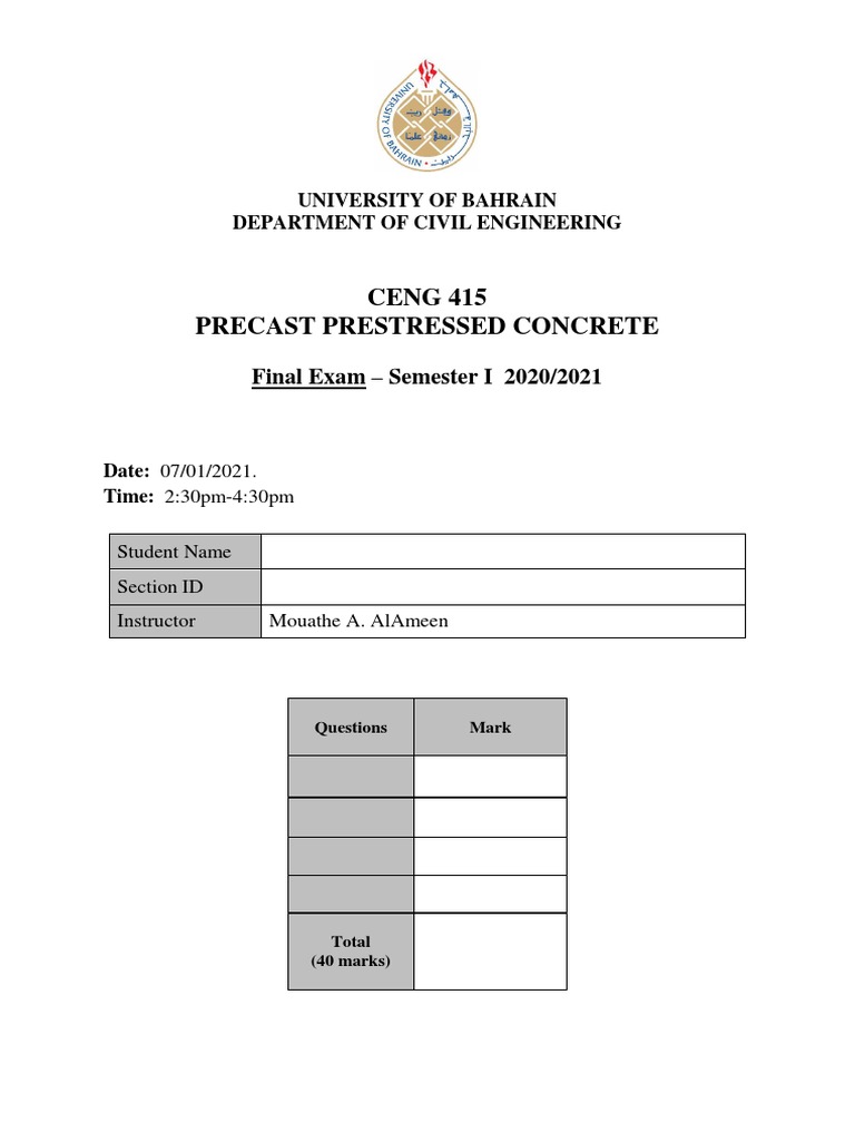 CENG 415 Precast Concrete Exam | PDF