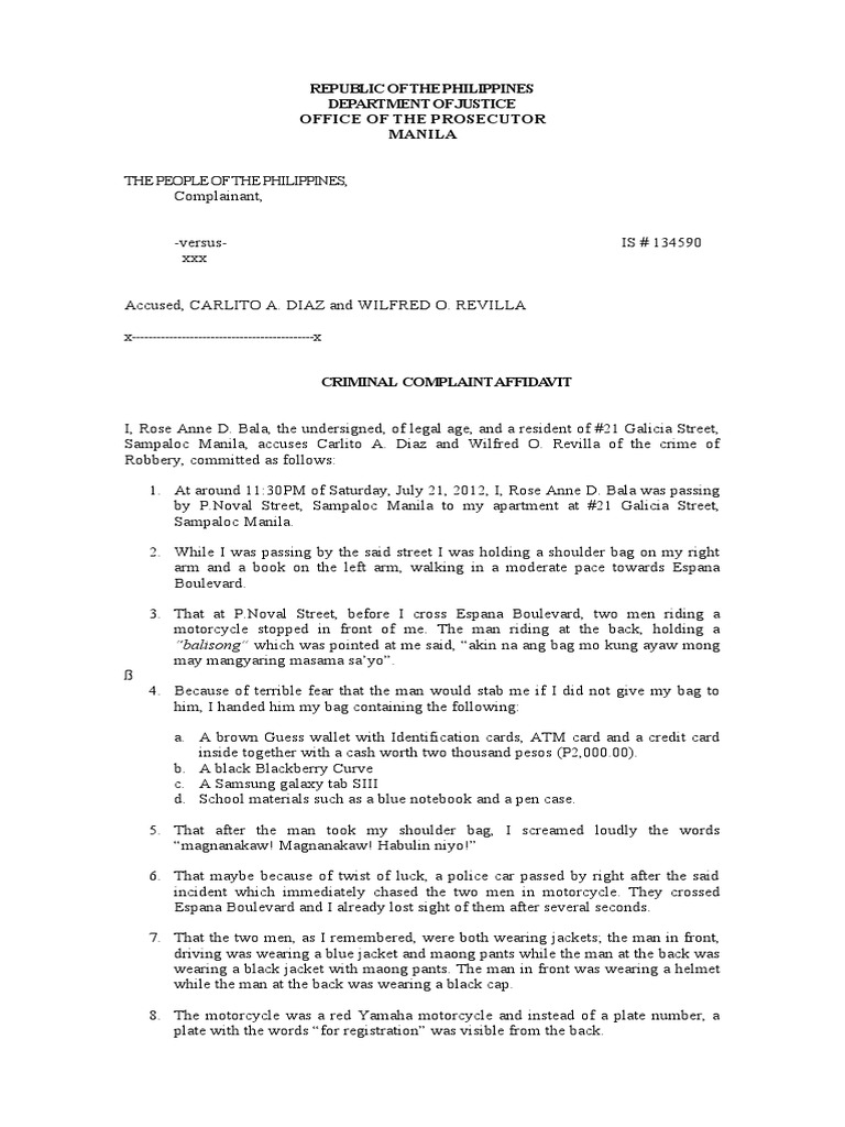 Sample Criminal Complaint | PDF | Violence | Clothing