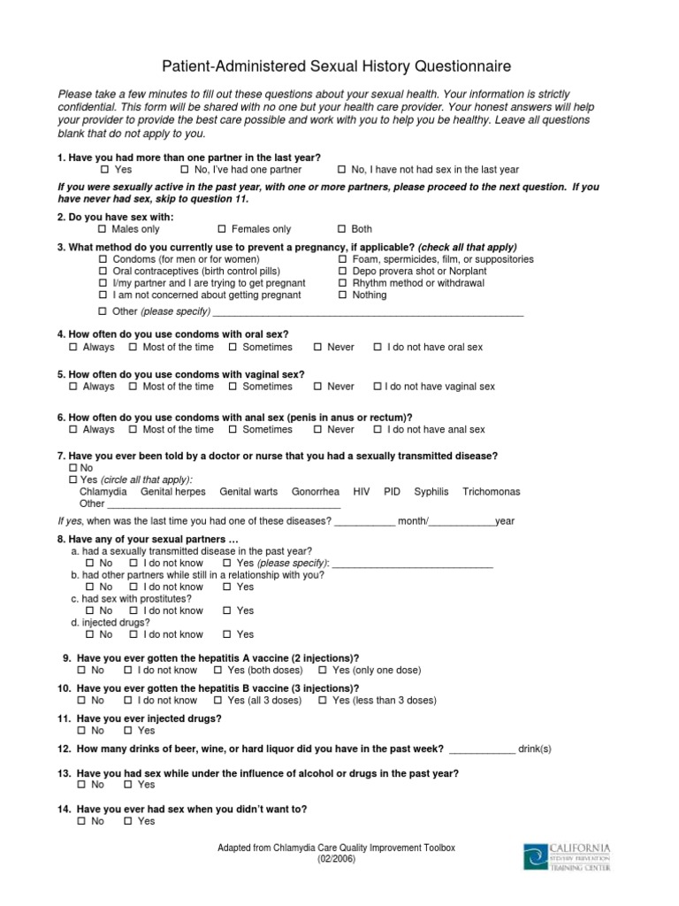 Patient Administered Sexual History Questionnaire | PDF | Sexual ...