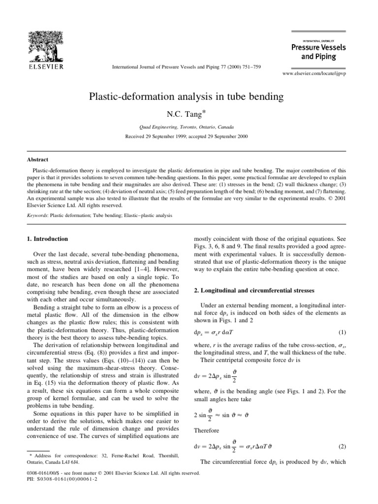 Plastic-Deformation Analysis in Tube Bending: N.C. Tang | PDF | Bending ...