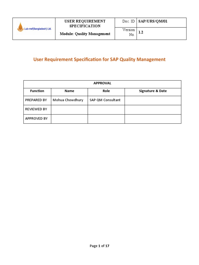 User Requirement Specification For SAP Quality Management V - 2 - Lub ...