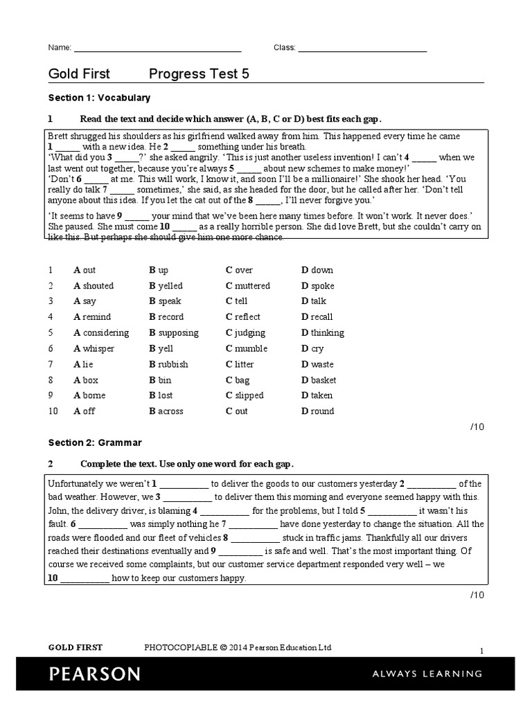 Gold First Progress Test 5: Name: Class | PDF