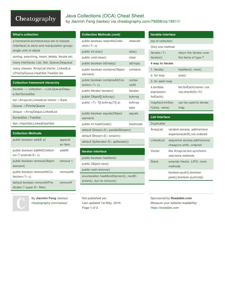 Java Collections (OCA) Cheat Sheet: by Via | Download Free PDF | Algorithms And Data Structures ...