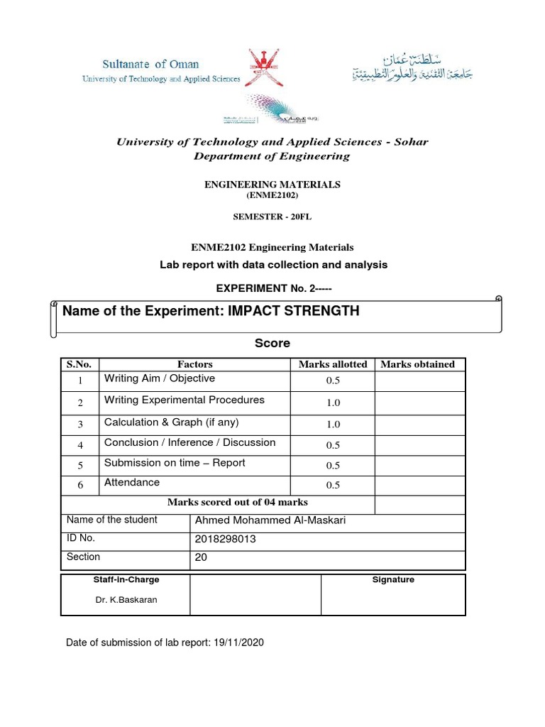 Name of The Experiment: IMPACT STRENGTH: University of Technology and ...
