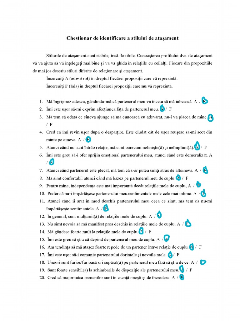 Chestionar de Identificare A Stilului de Atasament | PDF
