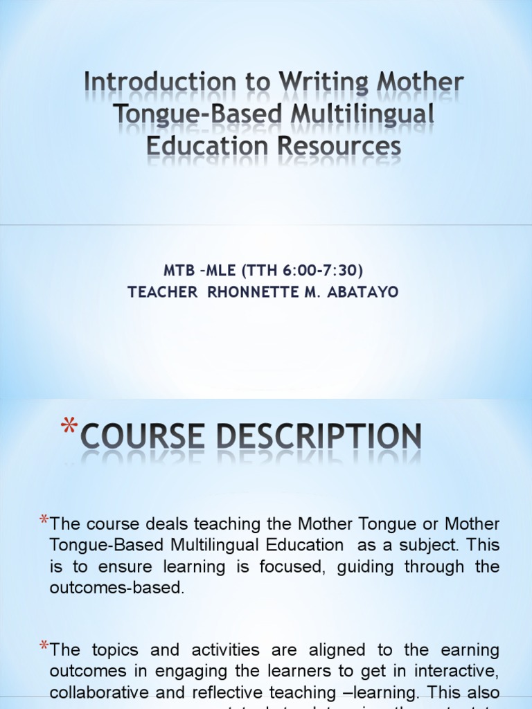 MTB Mle Lesson 1 | PDF | First Language | Multilingualism