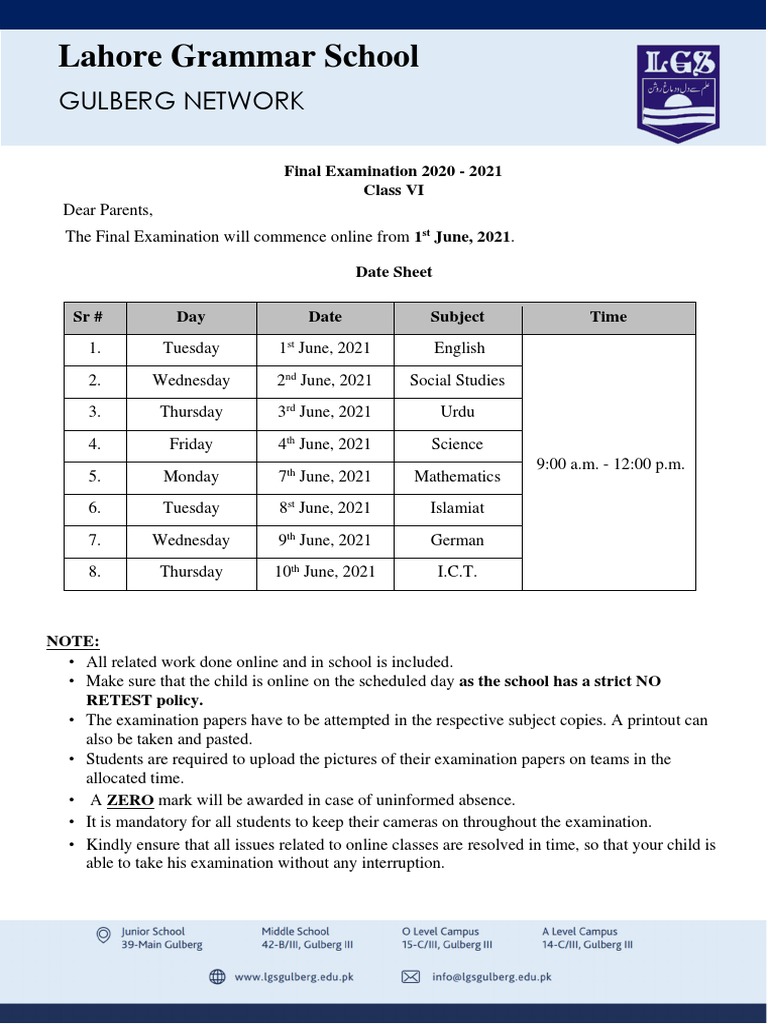 Date Sheet Class 6 Pdf