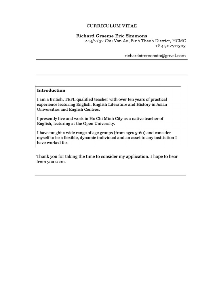 Curriculum Vitae Richard Graeme Eric Simmons: 243/2/32 Chu Van An, Binh ...