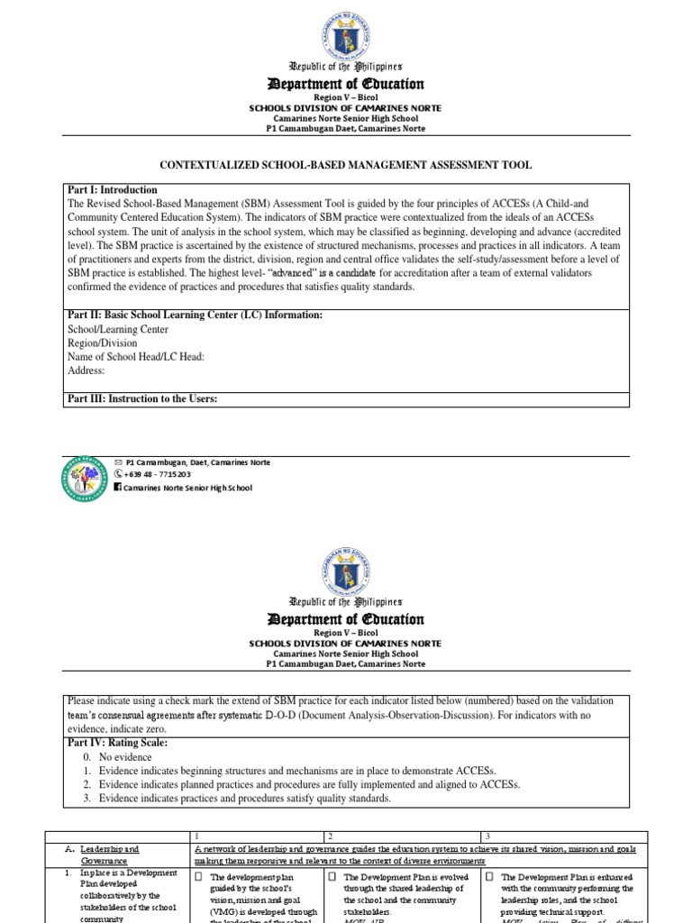SBM Assessment Tool for Camarines Norte | PDF | Governance | Learning